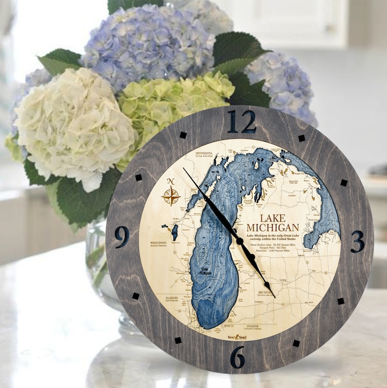 Lake Michigan Nautical Wood Map Wall Clock Large Nautical - Etsy
