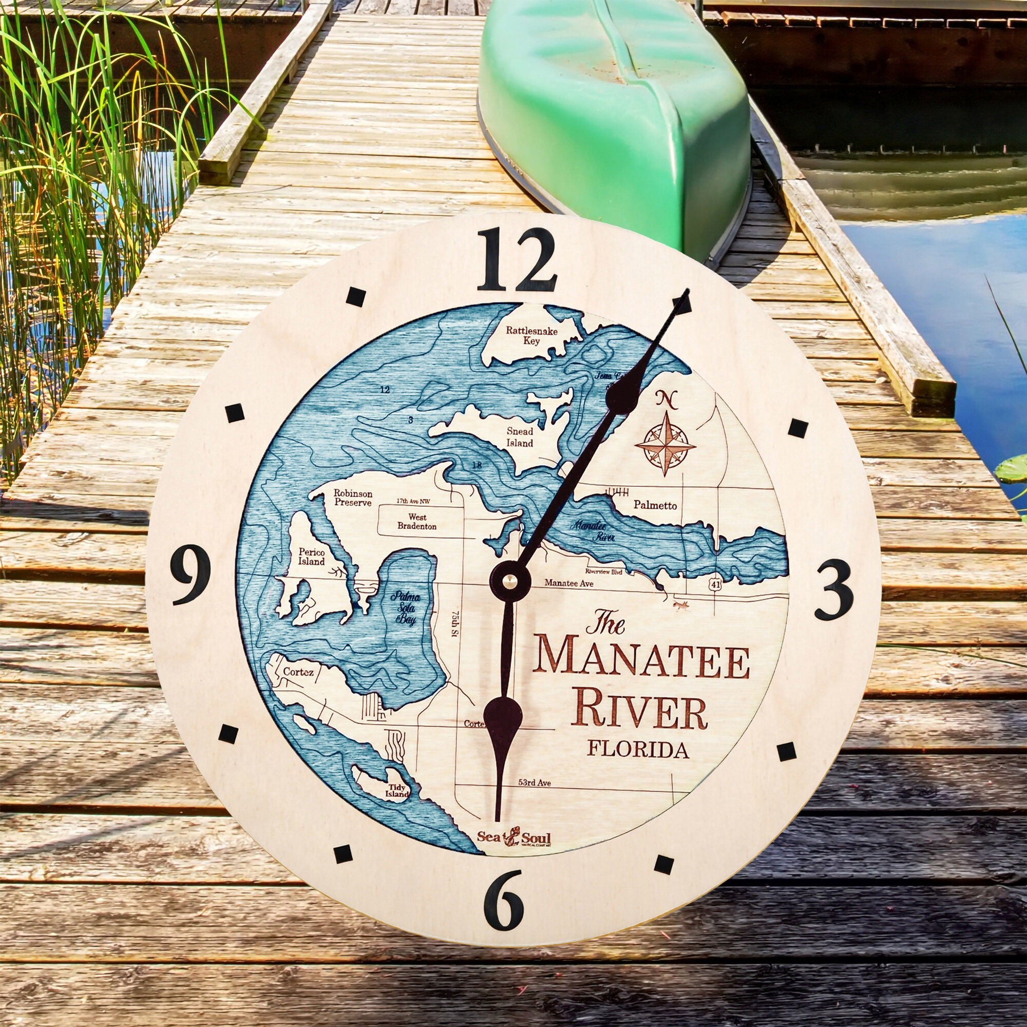 Manatee River 3D Wood Map Nautical Wall Clock, Bradenton Carved Water ...