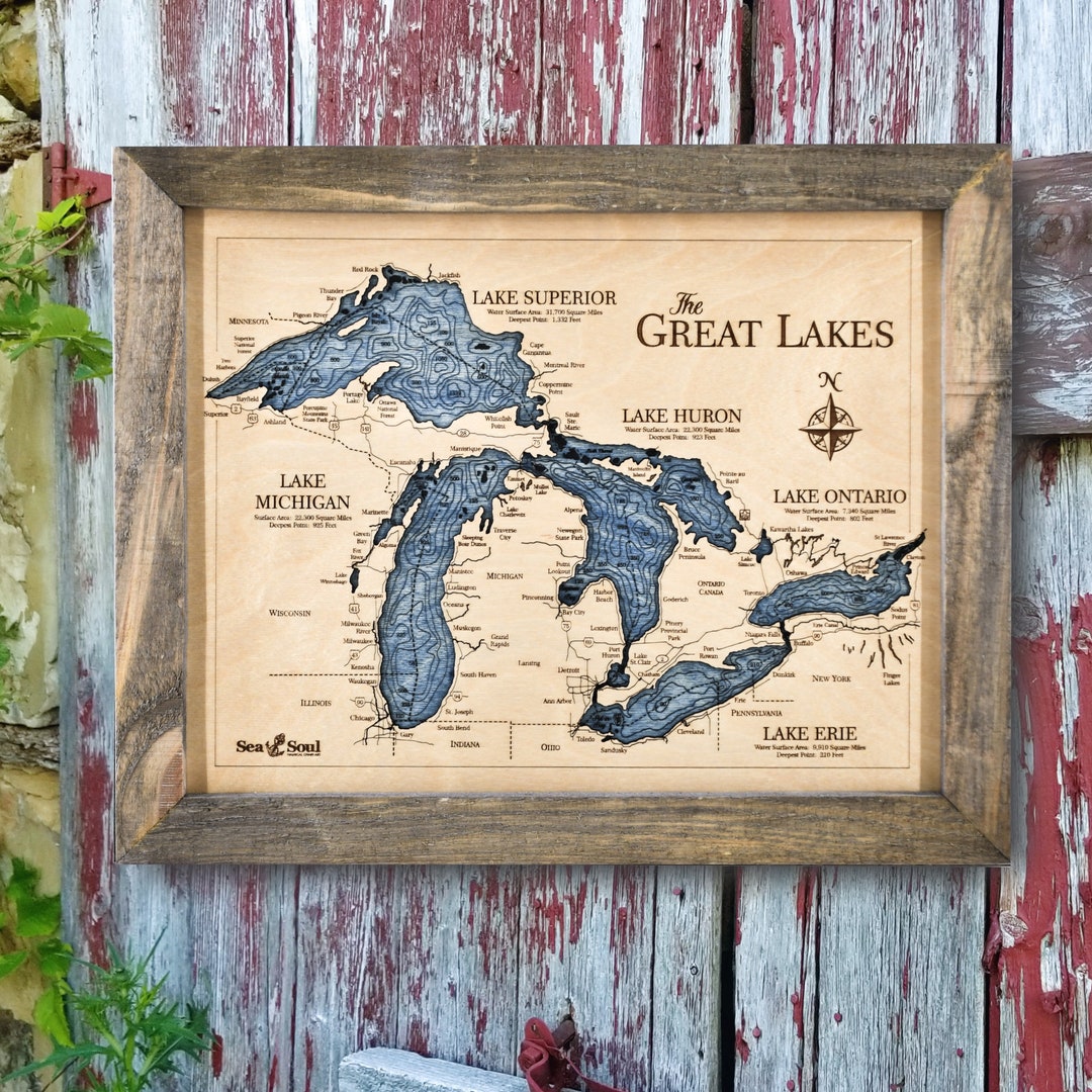 Sea & Soul Great Lakes 3D Wood Map Wall Art, Nautical Wood Chart Wall ...