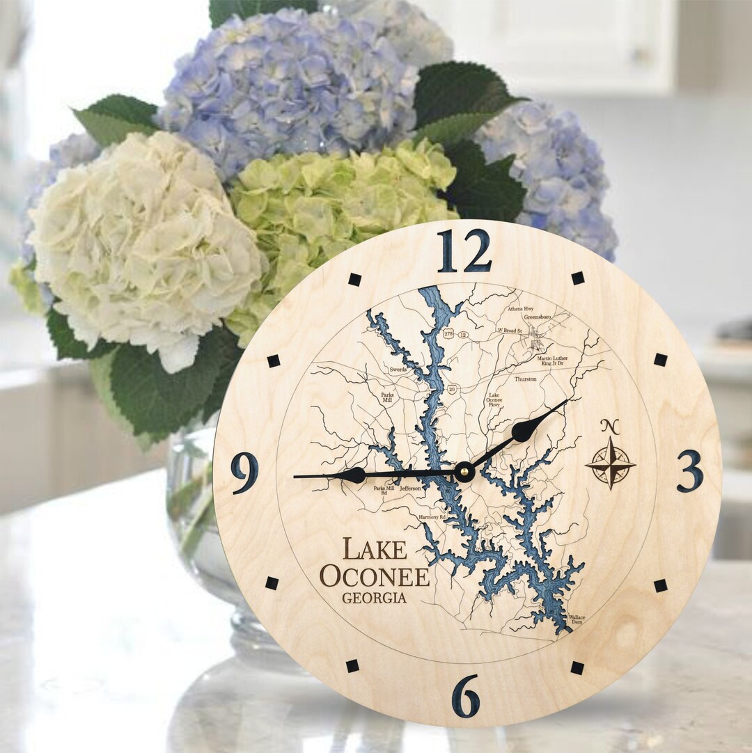 Lake Oconee 3D Wood Map Nautical Clock, Lake Art Carved Water Depth ...