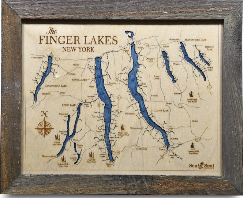 Finger Lakes 3D Nautical Wood Map Wall Art, 2-sizes, Nautical Chart ...