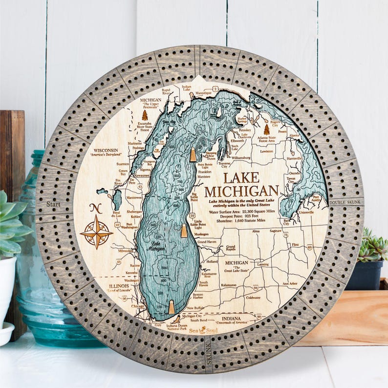 Lake Michigan Cribbage Board: Nautical Chart, Handmade 3-player Game - Etsy