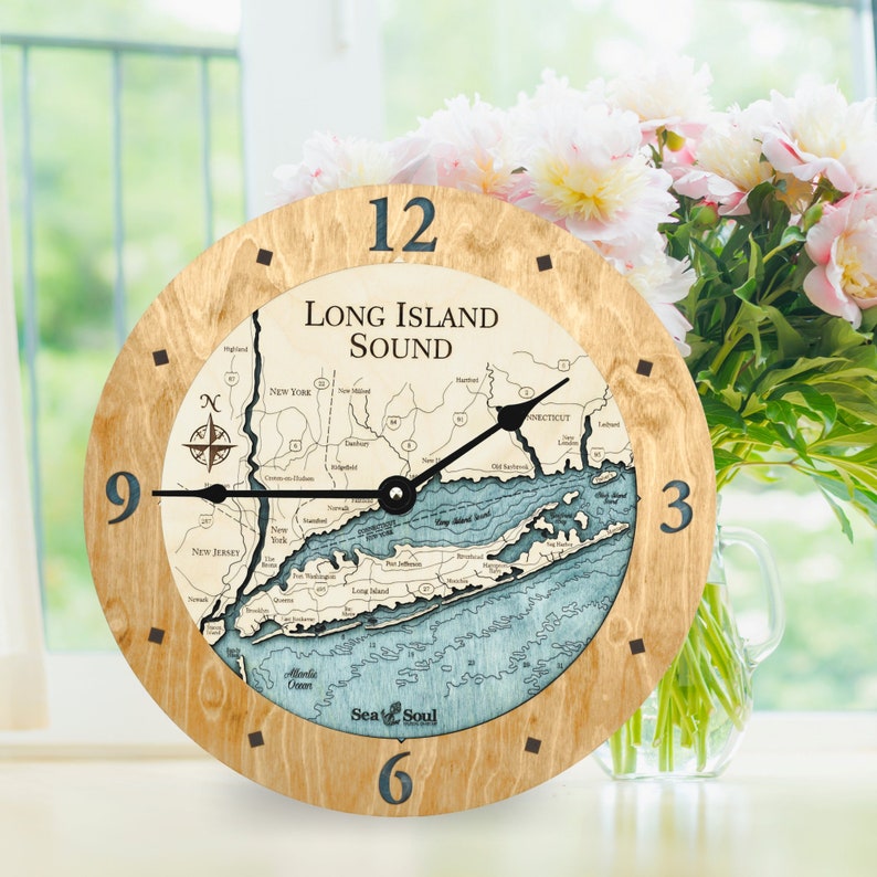Long Island Sound 3D Nautical Map Wall Clock, Large Wall Clock, Coastal ...