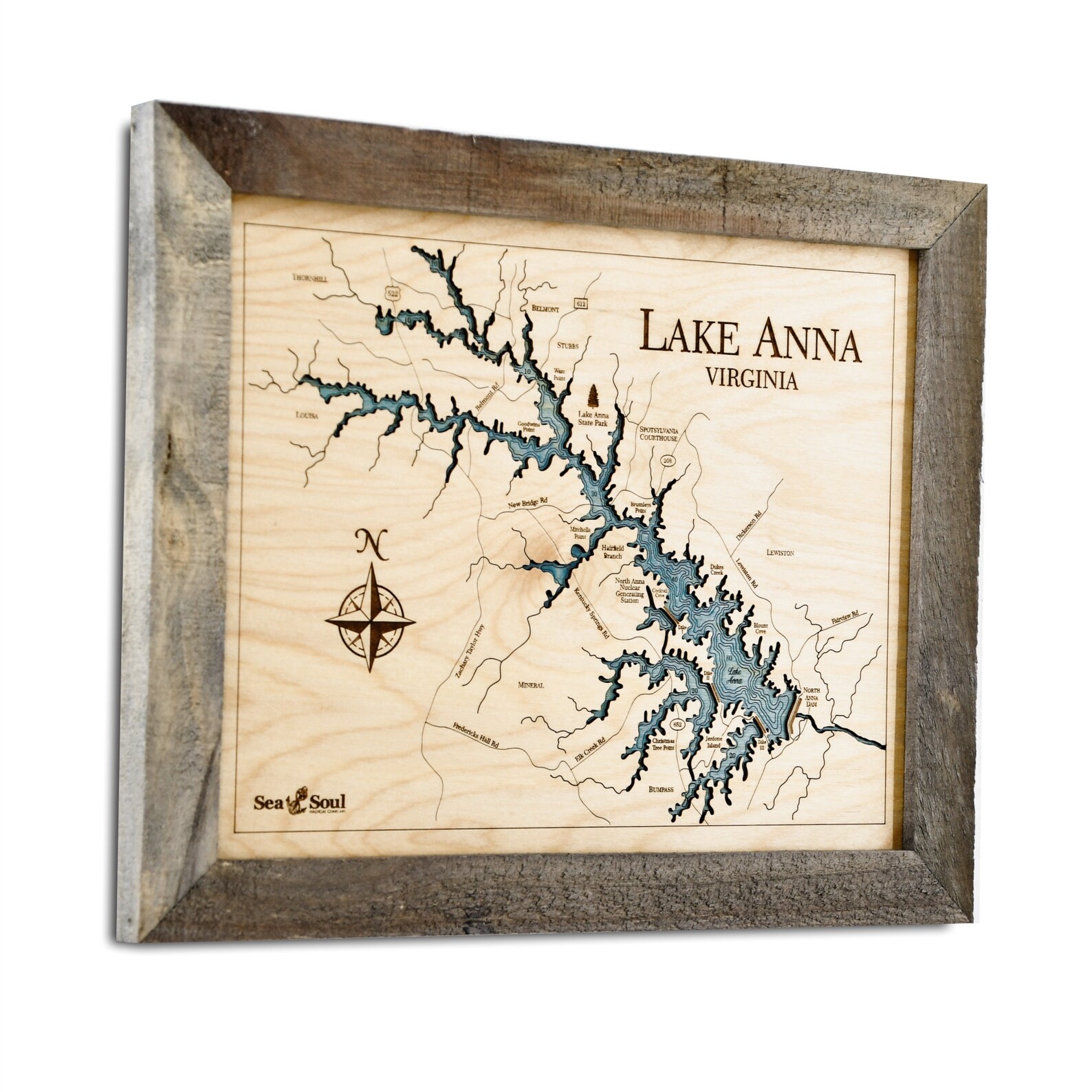 Lake Anna 3D Nautical Wood Map Wall Art, Carved Water Depth Chart ...