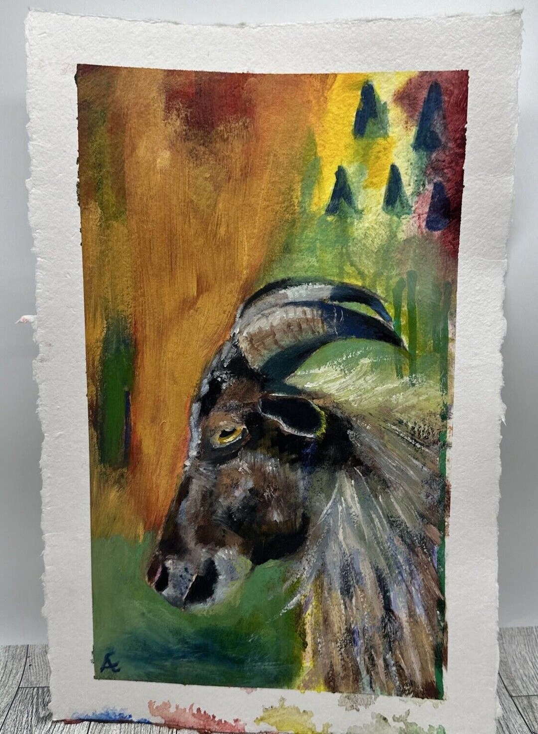 Original Painting Wall Art Signed Goat Animal 17 X 10 Fool's Journey ...