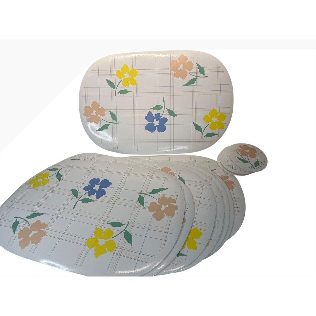 Set of Vintage MCM Oval Design Retro Foam Vinyl Placemats Blue Yellow ...