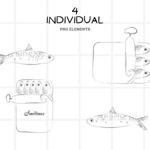 Sardine Fish Line Art Clipart Bundle, Hand-drawn PNG Bundle, Coastal ...