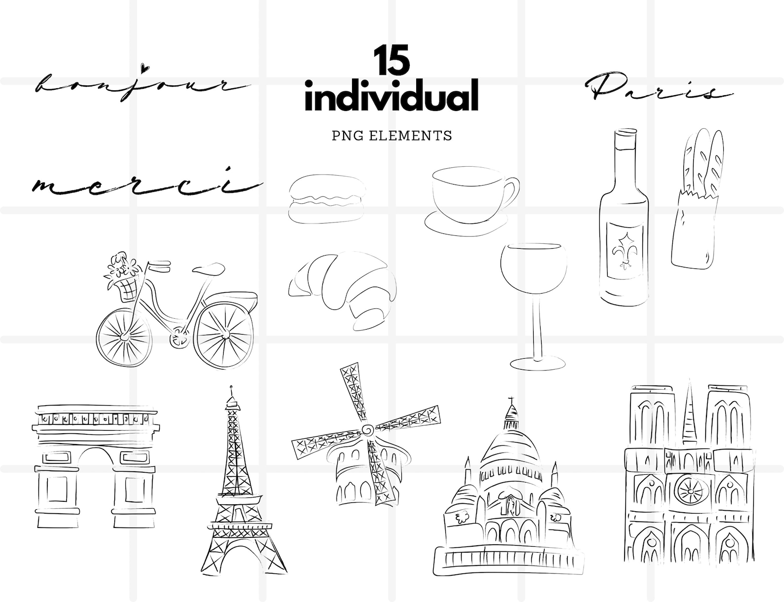 Paris Clipart Bundle, France Travel Clip Art Designs, Minimalist Line ...