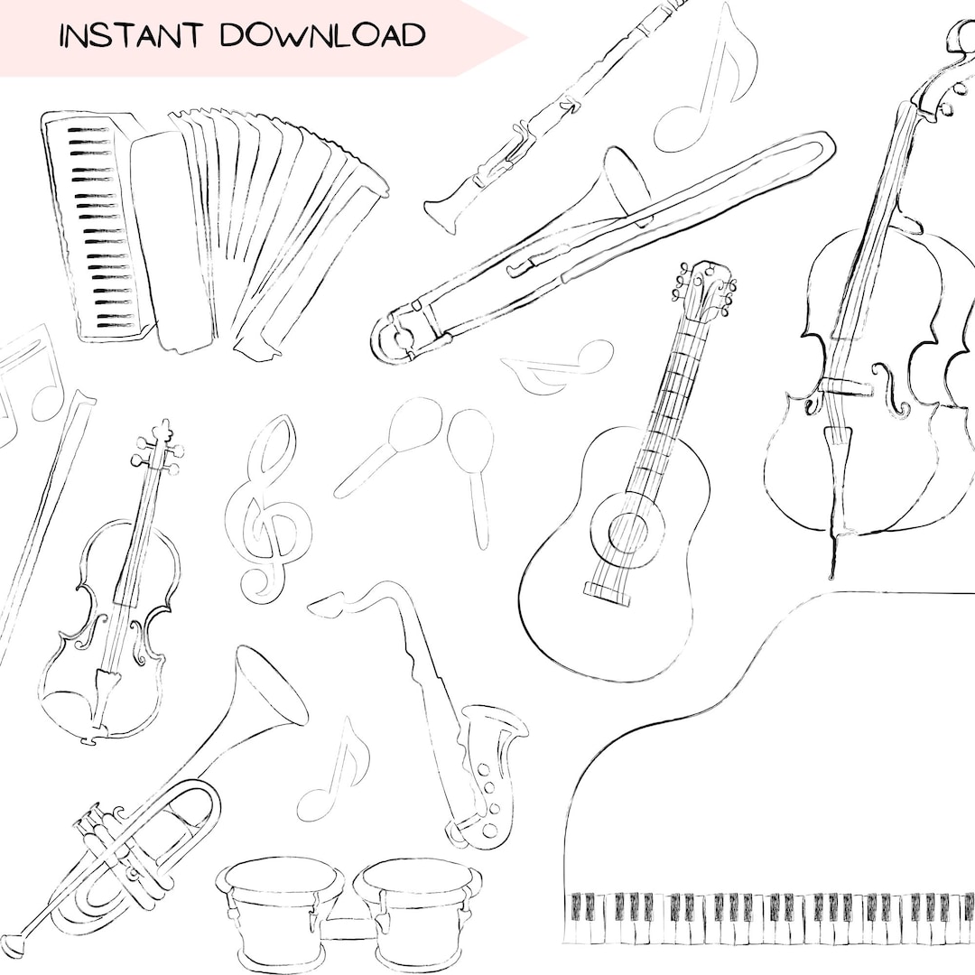 Musical Instrument Line Art: Hand-drawn Clipart Bundle (PNG Digital ...