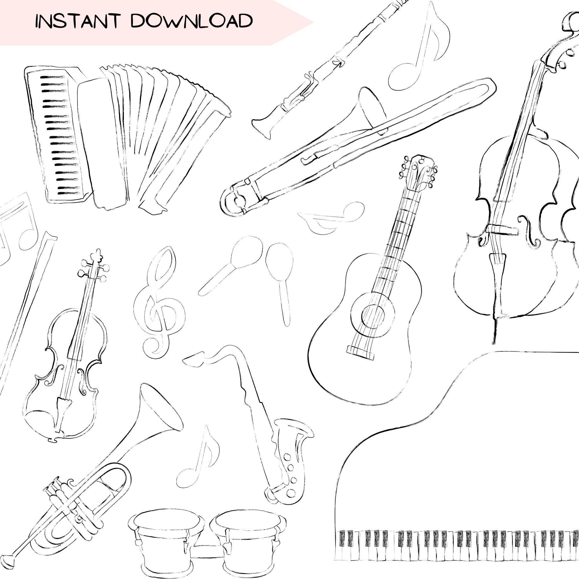 Musical Instrument Clip Art PNG Pack, Music Class Hand-drawn Line Art ...