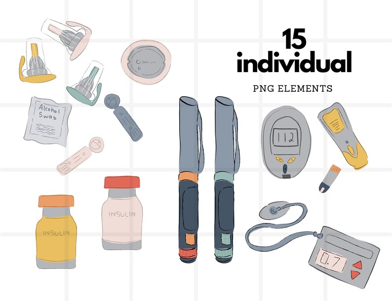 Diabetes Supplies Clip Art Bundle, Colorful Vector Hand Drawn Diabetic ...