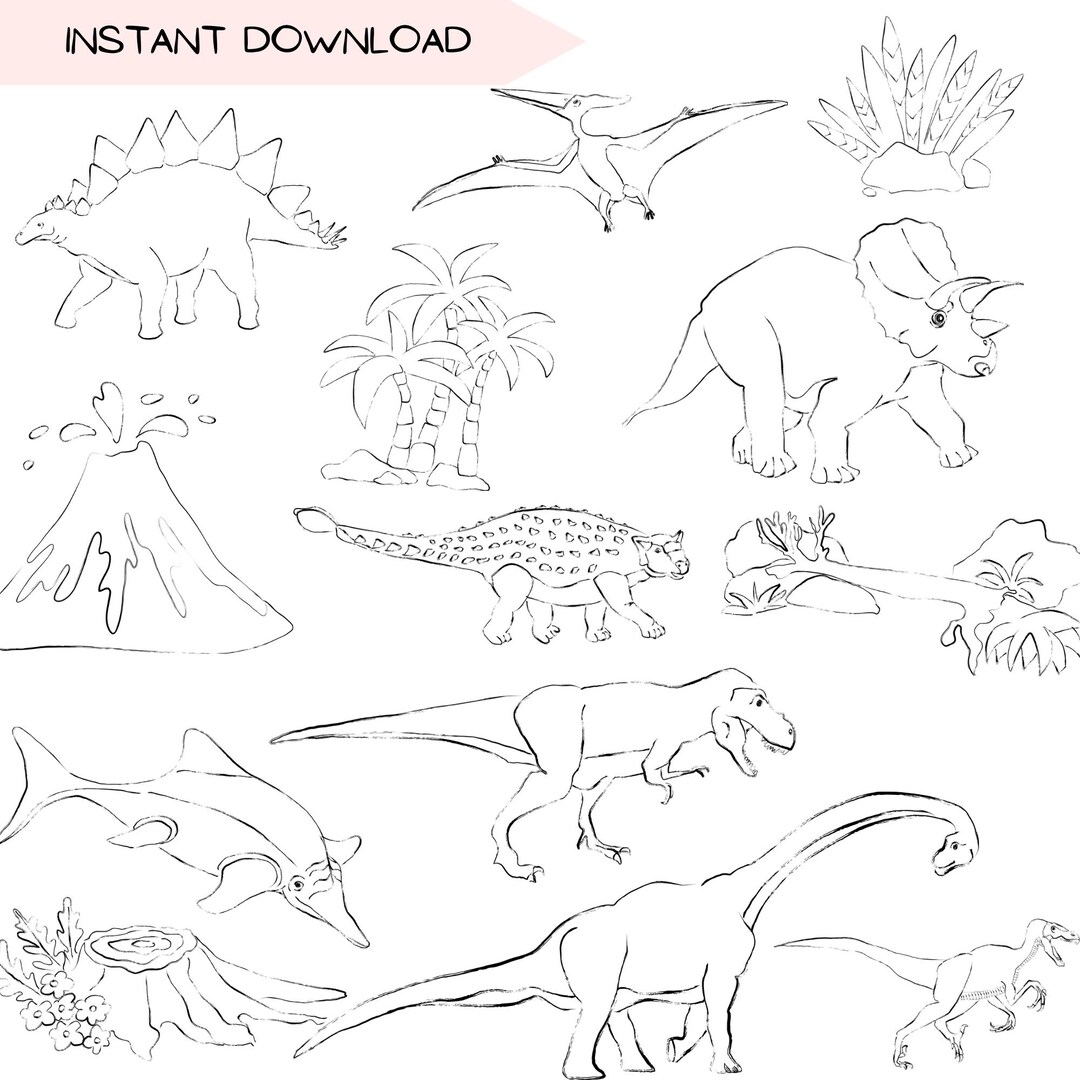 Dinosaur Clip Art Bundle, Prehistoric Line Art Clipart, Simple T-rex ...