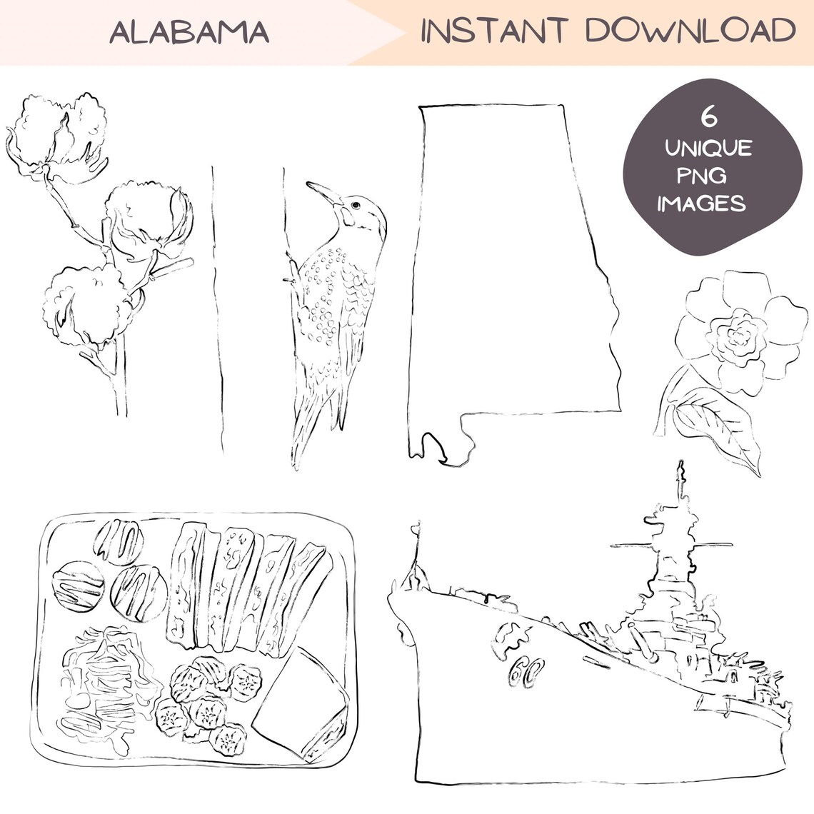 Alabama Clipart Bundle, USS Alabama State Outline, Southern BBQ, Simple ...