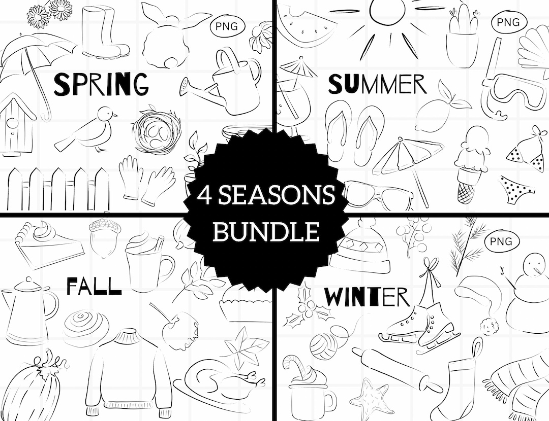 4 Seasons Line Art Clip Art Bundle, Clipart PNG, Simple Minimalist Hand ...