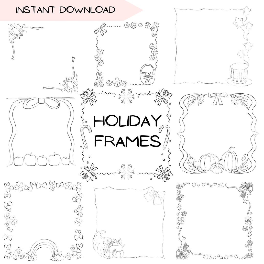 Square Holiday Frame Clip Art PNG Bundle, Hand-drawn Border Digital ...