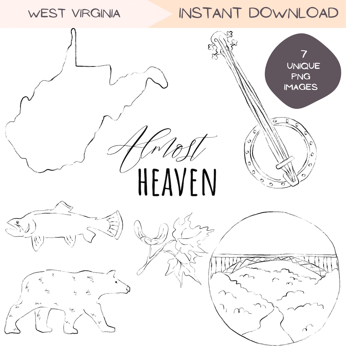 West Virginia Clipart Bundle WV Travel Clip Art Designs Minimalist Line ...