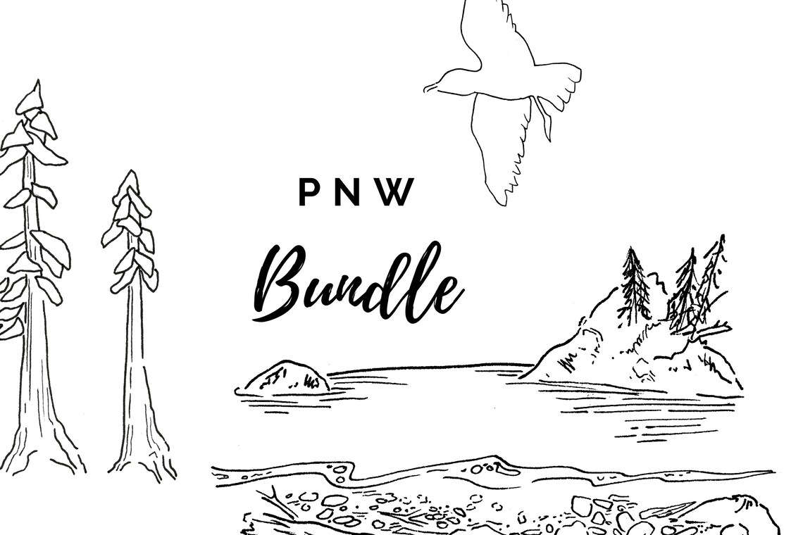 Pacific Northwest Clip Art Bundle, PNW Nature Ink Landscape Line ...