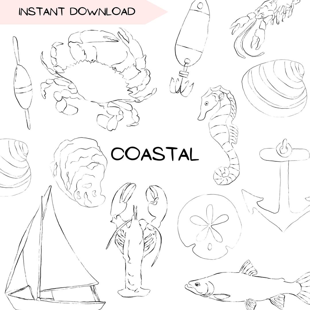 Coastal Clip Art, Ocean Beach Town Line Art, Simple Sailing Clipart ...