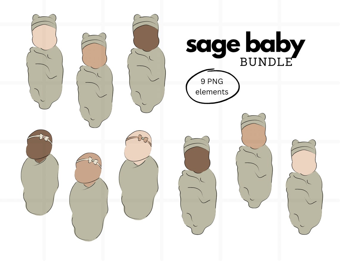 Newborn Baby Clip Art Bundle, Sage Green Gender Neutral Girl Boy Vector ...