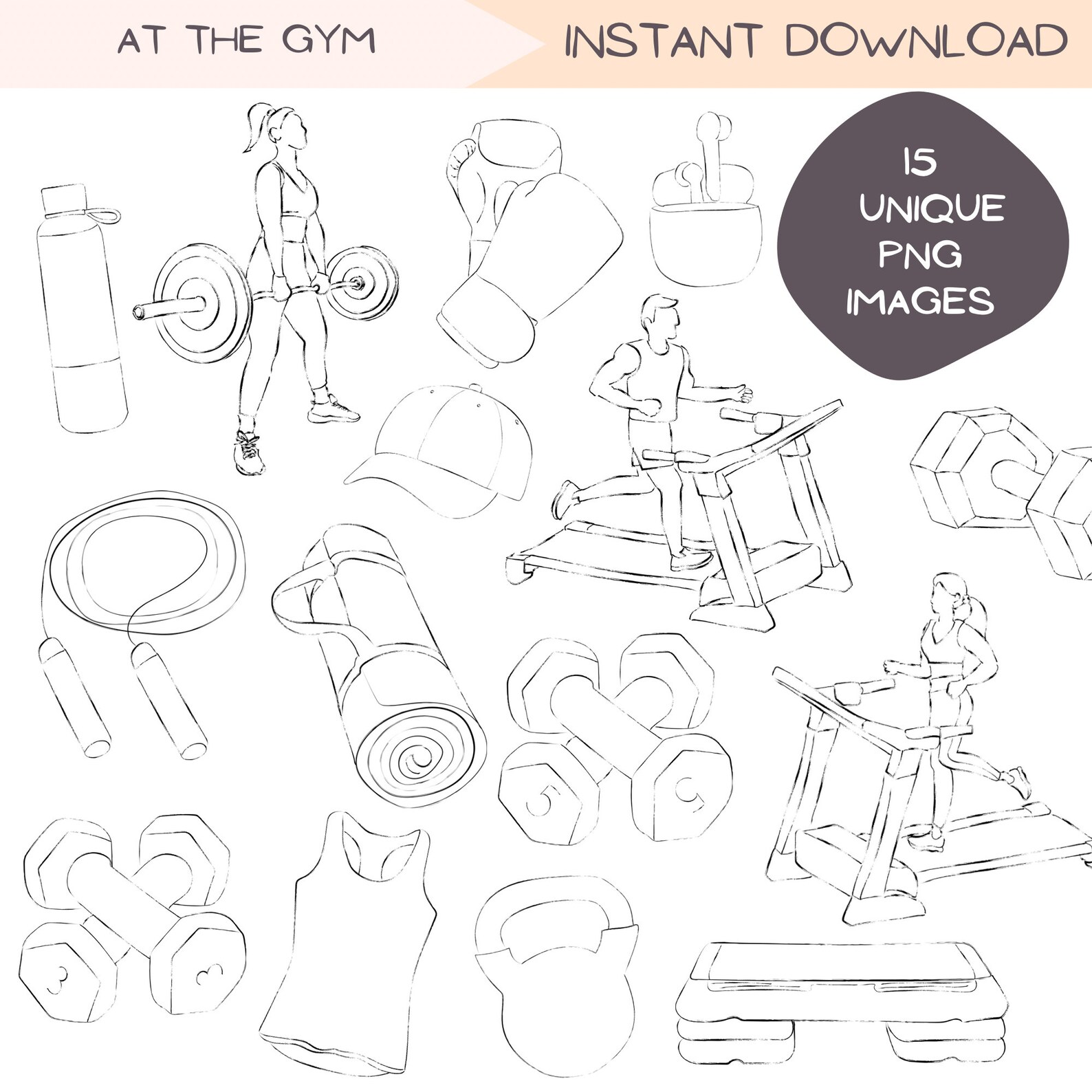 Fitness Clipart Bundle: Hand-drawn Gym Exercise PNG Designs (digital ...