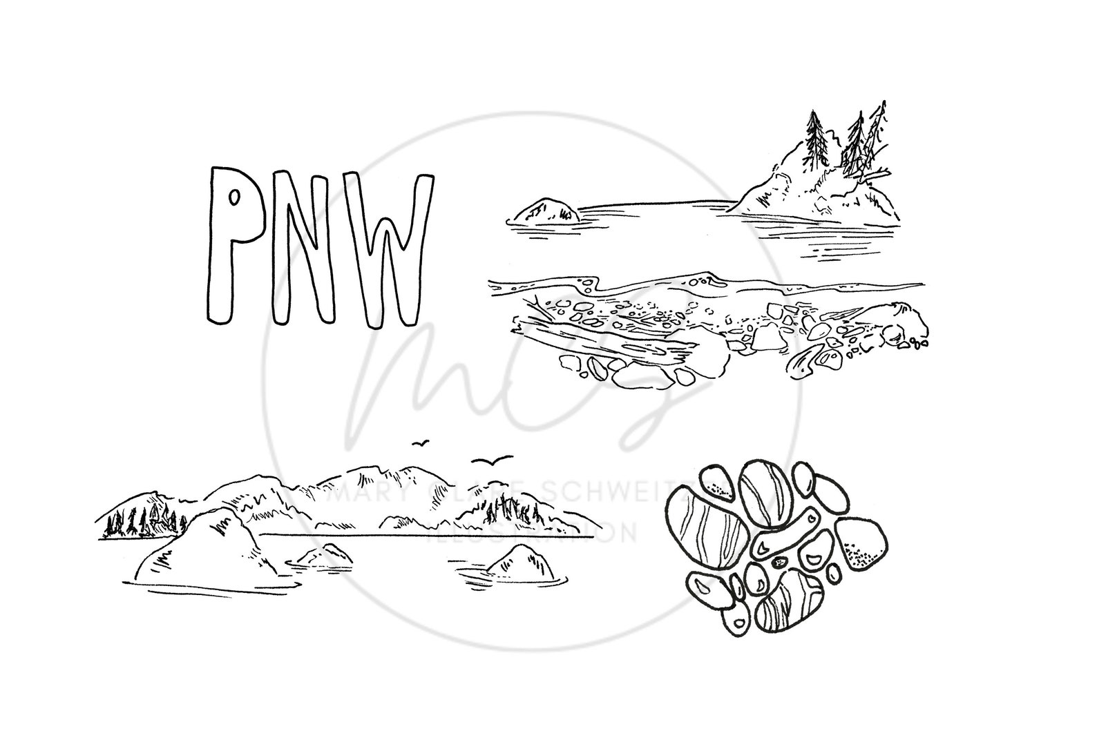 Pacific Northwest Clip Art Bundle, PNW Nature Ink Landscape Line ...