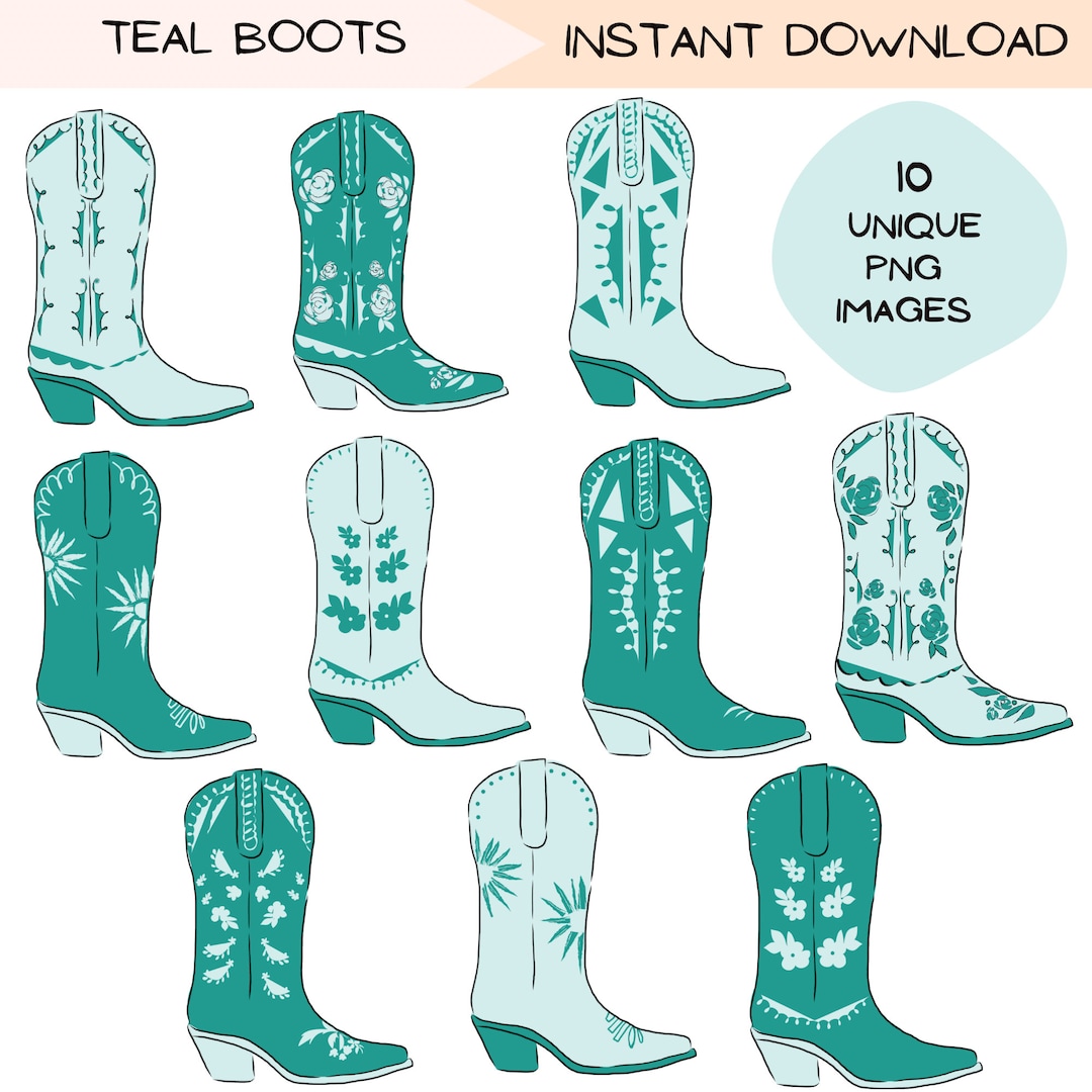 Cowgirl Boot Clipart, Teal Mint Cowboy Boots Clip Art, Colorful ...