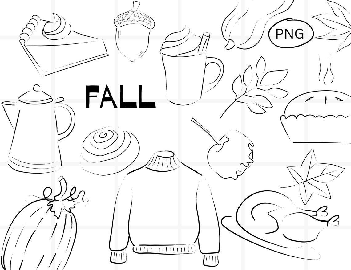 Fall Line Art Clip Art Bundle, Autumn Clipart PNG, Simple Minimalist ...