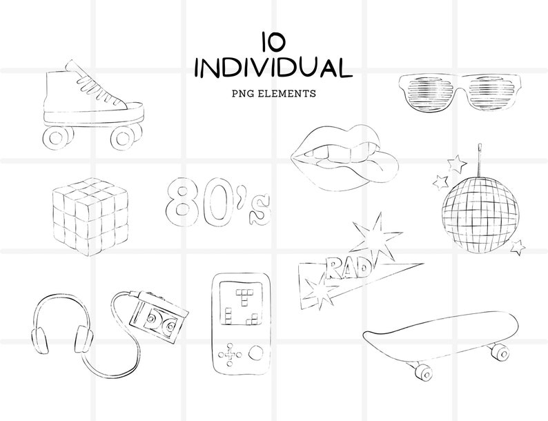 80s Clipart Bundle: Retro Roller Skates, Disco Ball PNG (digital ...