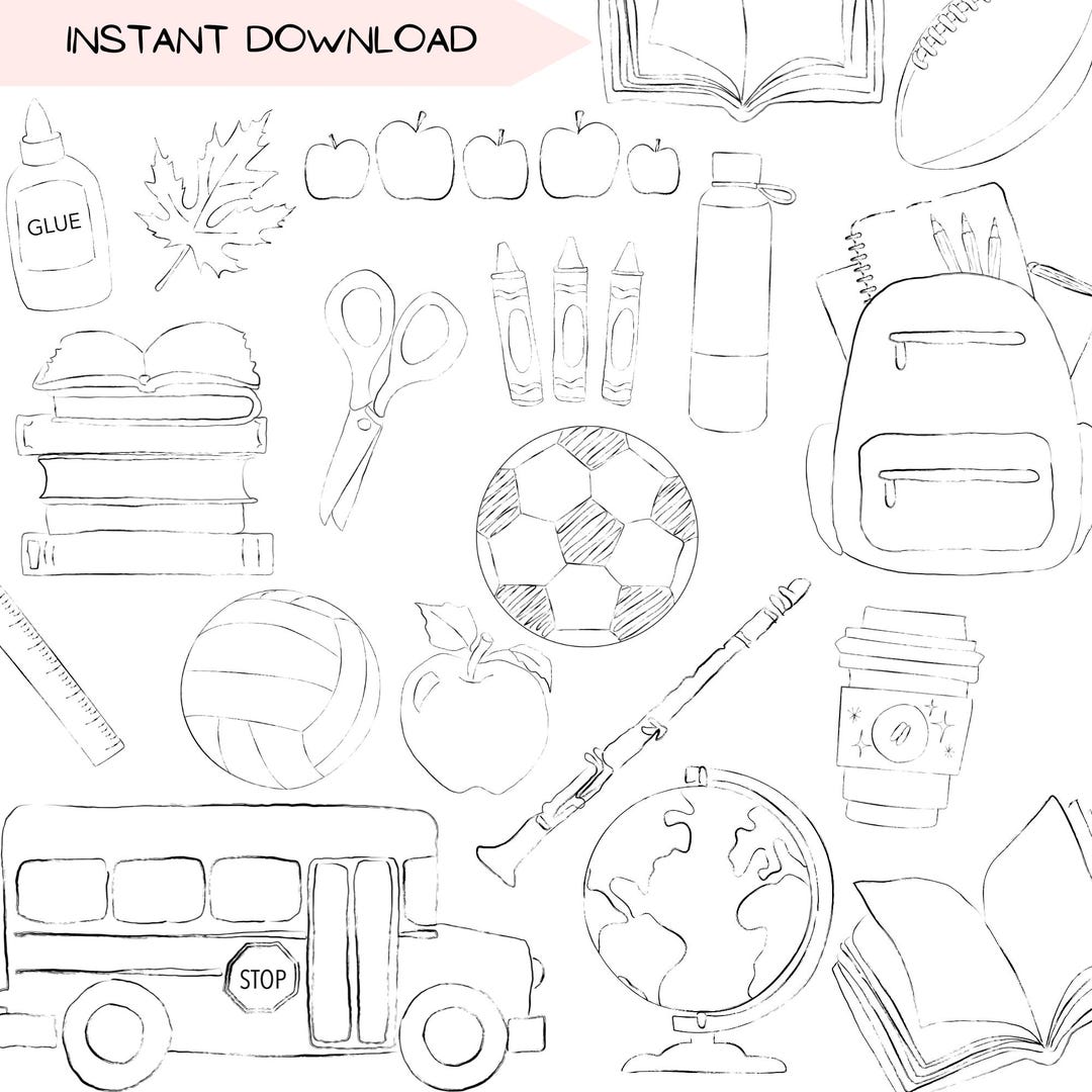 School Supplies Back to School Clip Art Bundle, Hand Drawn PNG Clipart ...
