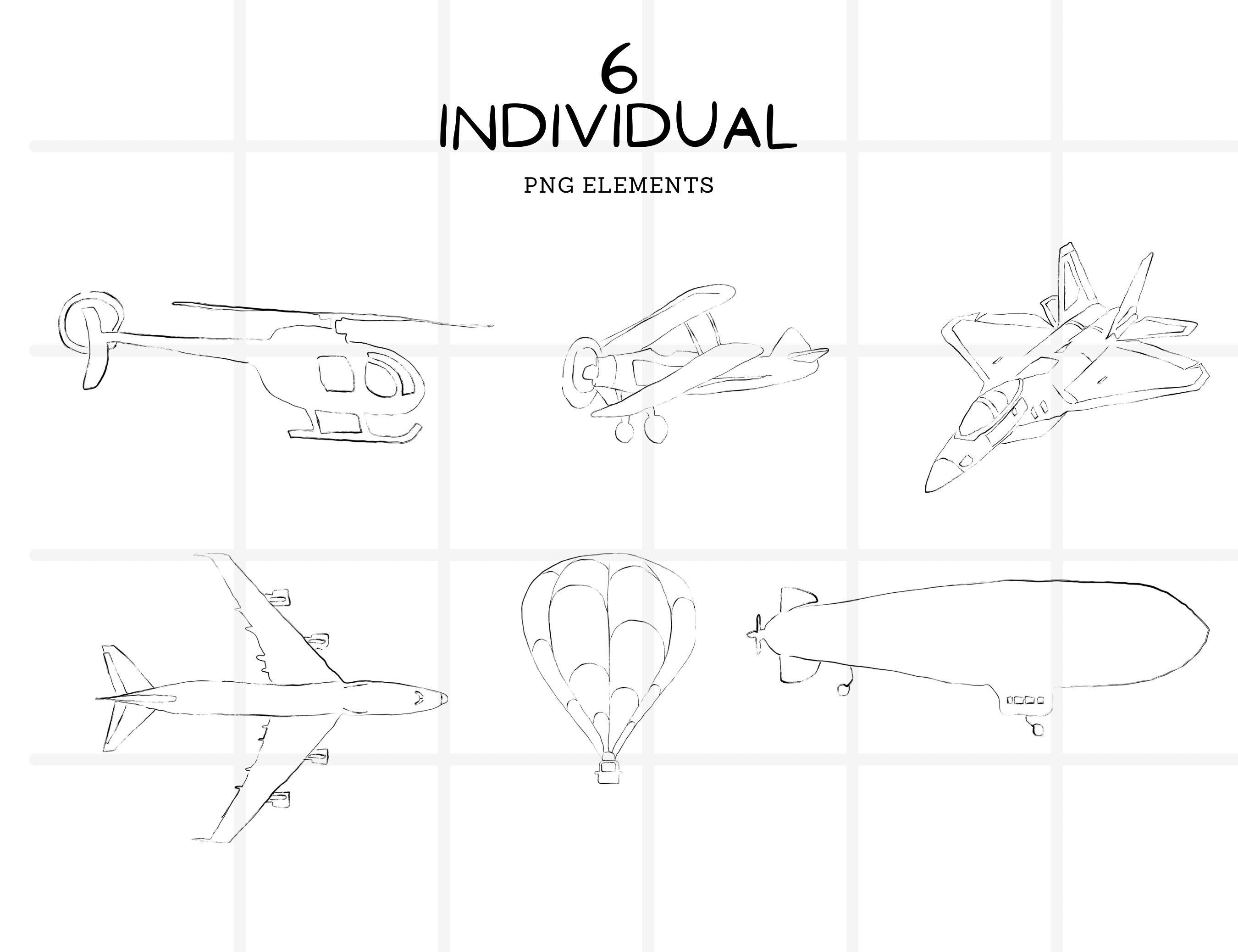 Aircraft Clipart Bundle, Airplane Sketches, Hot Air Balloon Transparent ...