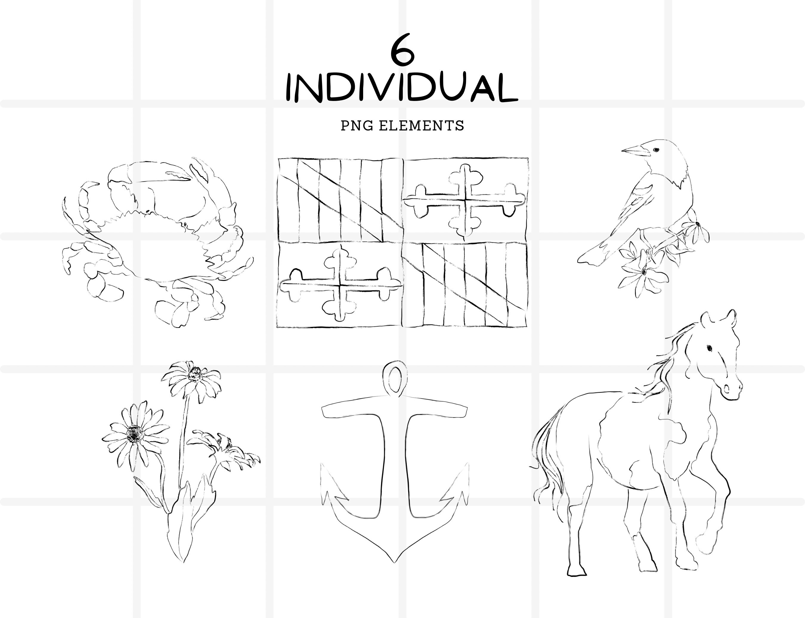 Maryland Clip Art Bundle, Hand-drawn Baltimore Symbols, State Flag ...