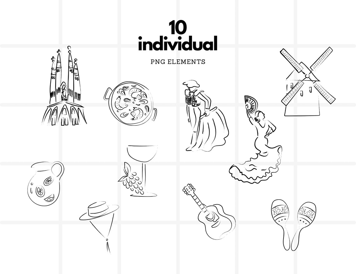 Spain Clipart Bundle, Spanish Travel Clip Art Designs, Minimalist Line ...