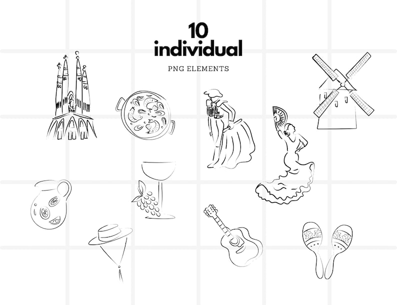 Spain Clipart Bundle, Spanish Travel Clip Art Designs, Minimalist Line ...