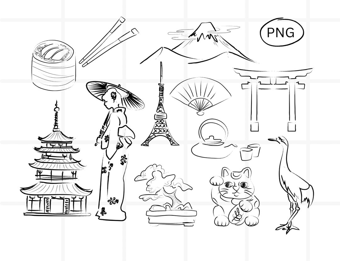 Japan PNG Clipart Bundle, Hand-drawn Japanese Symbols, Minimalist ...