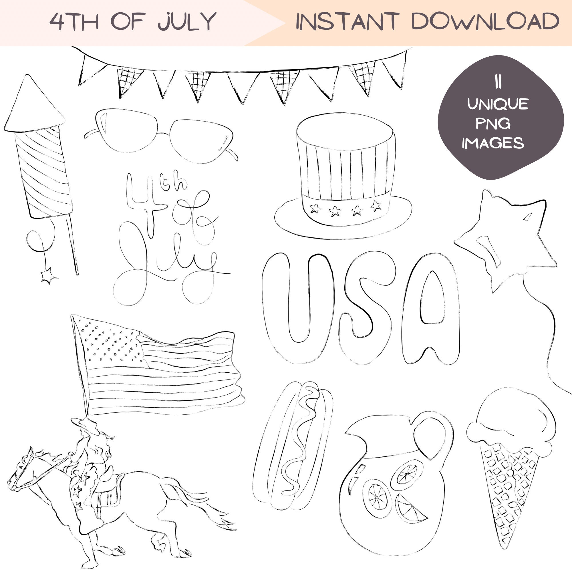 4th of July Line Art Clip Art Bundle, Clipart Simple Minimalist Hand ...