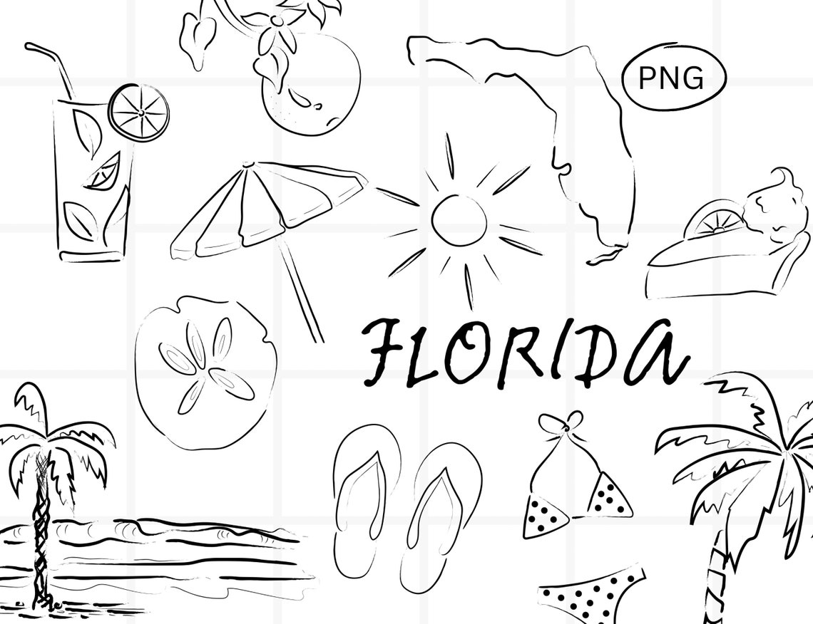Florida Clipart PNG Bundle, Hand-drawn Beach Line Art, Artwork for ...
