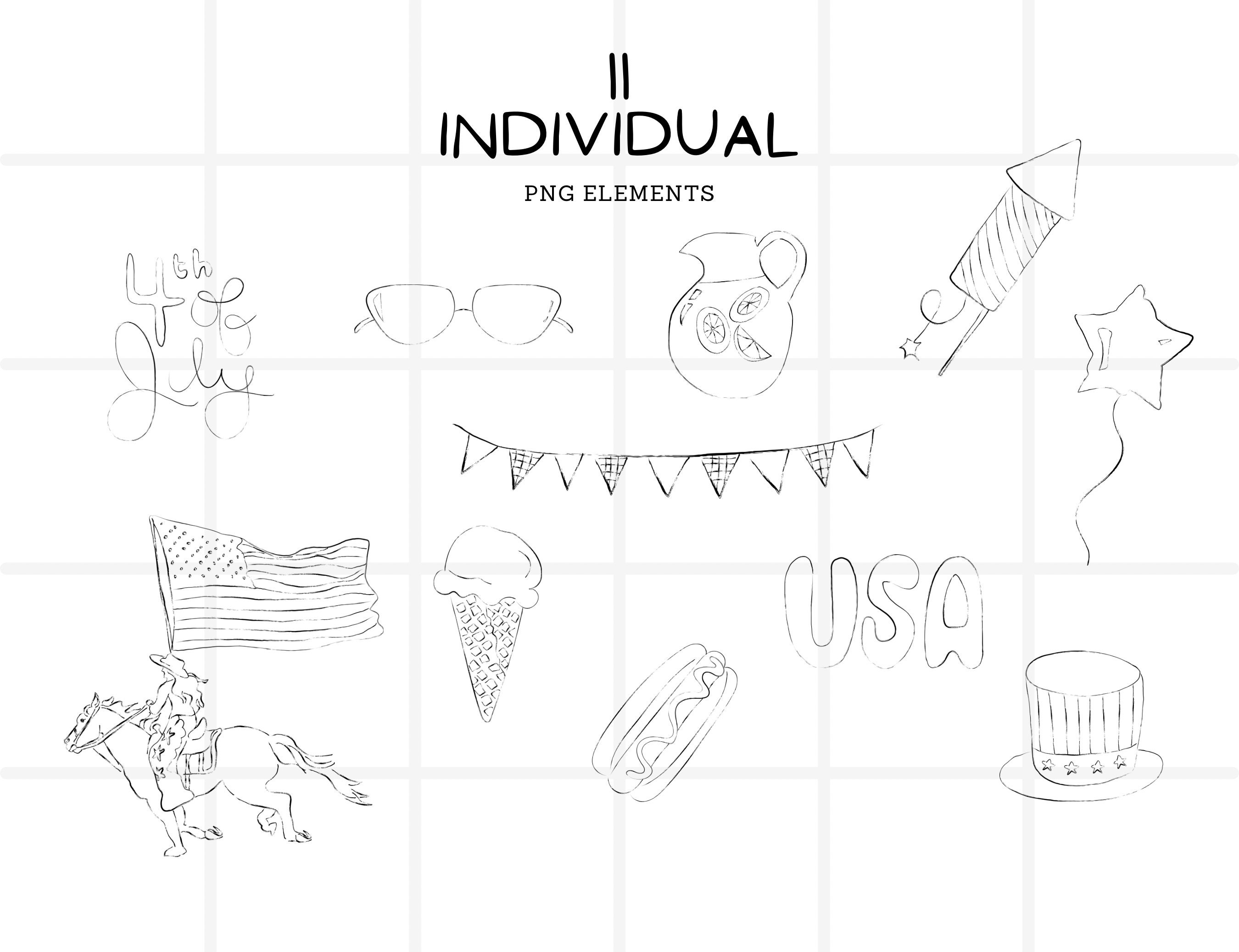4th of July PNG Clipart Bundle, Independence Day Line Art Doodles, Hand ...