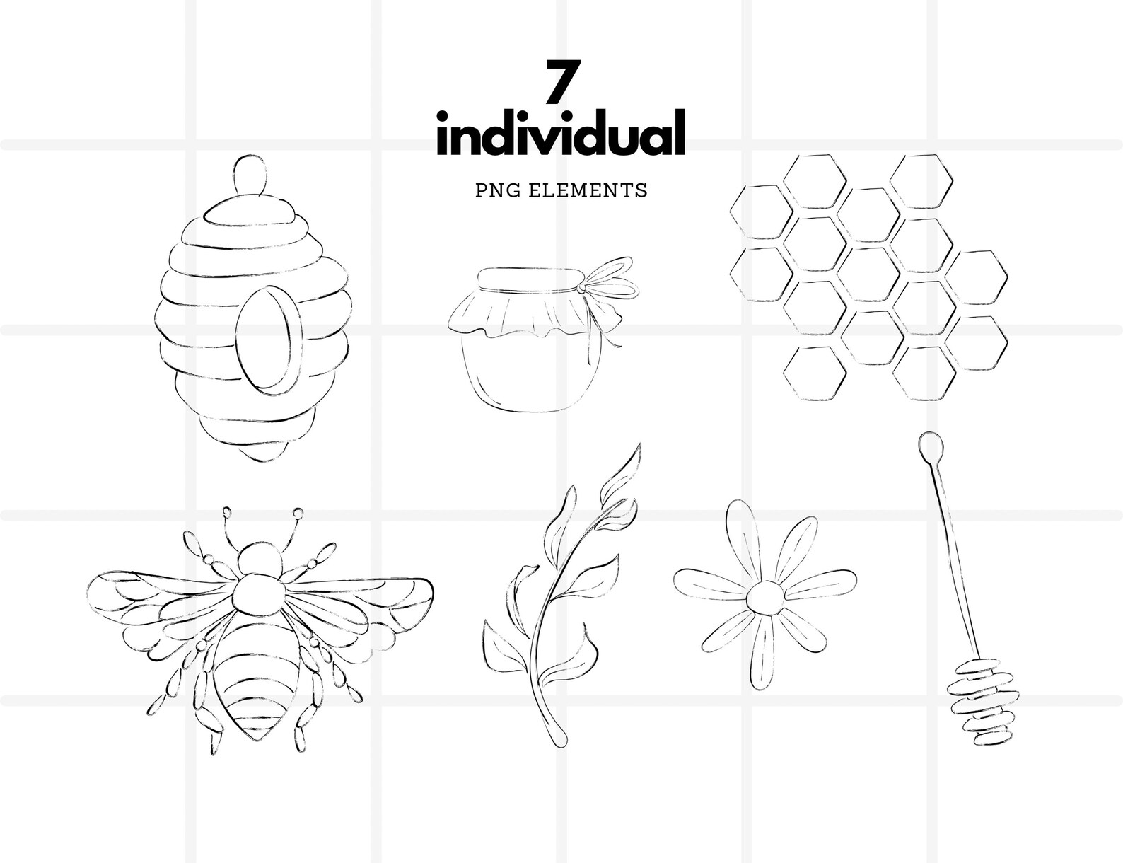 Bee and Honey Line Art Clipart Bundle, Hand Drawn Honeycomb PNG Designs ...