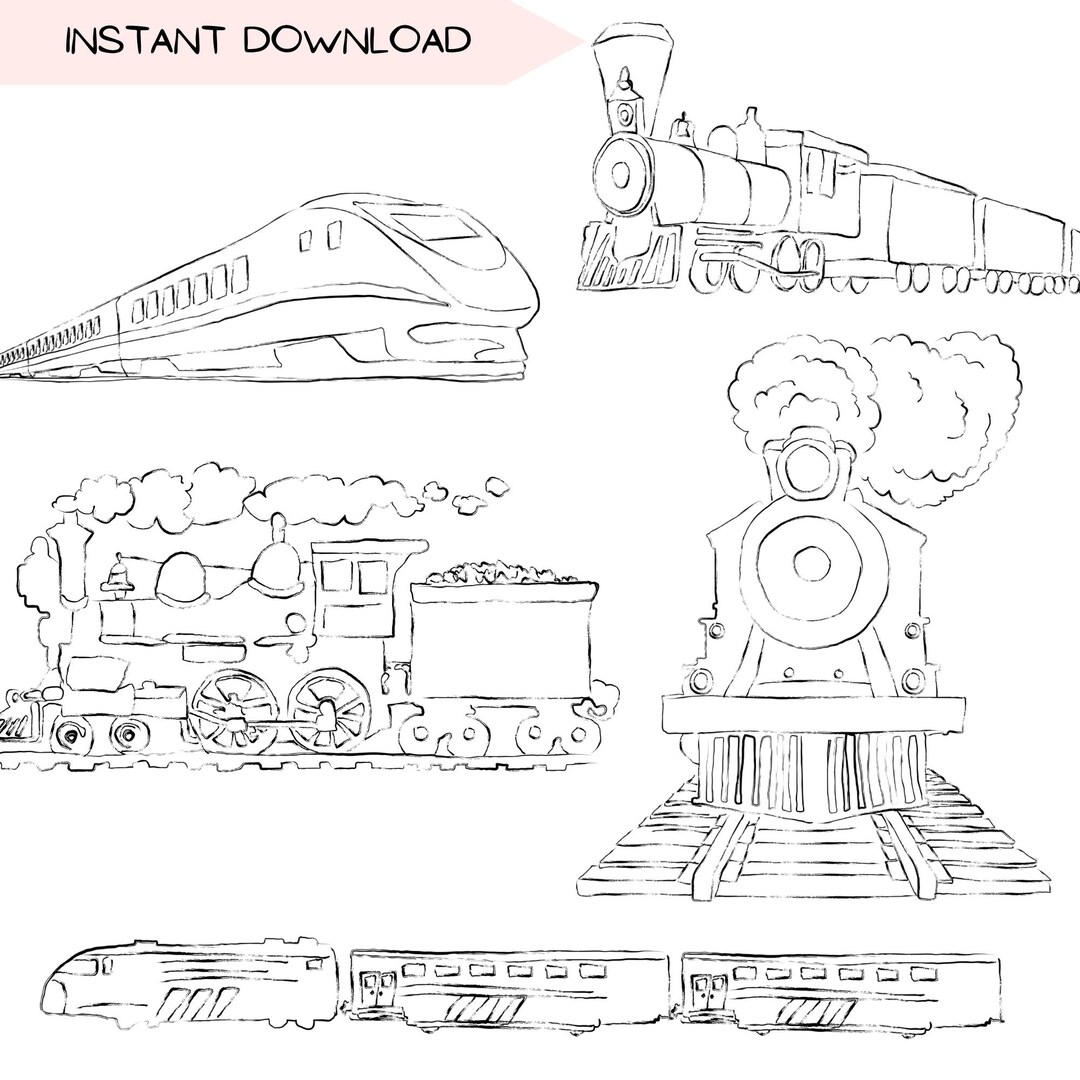 Train Clipart Bundle, Locomotive Sketch, Steam Engine Line Art Designs ...