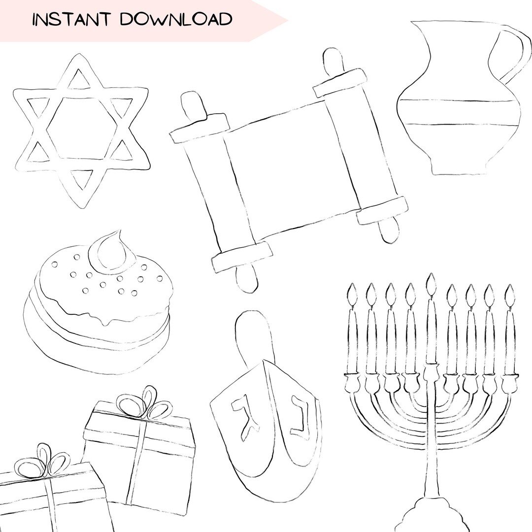 Hanukkah PNG Clip Art Bundle, Hand-drawn Menorah Line Art, Jewish ...