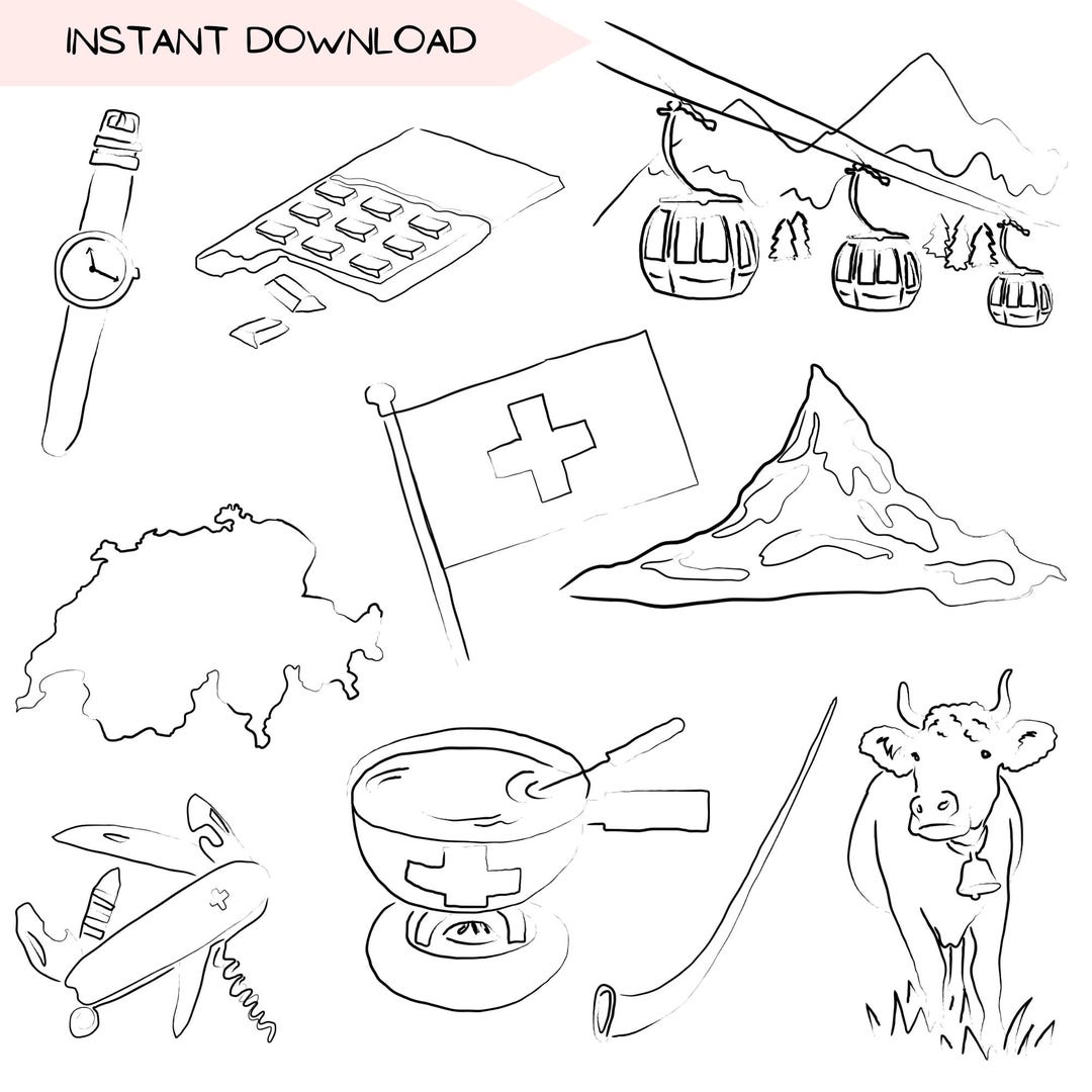 Switzerland PNG Clipart Bundle, Hand-drawn Alps Line Art, Gondola ...