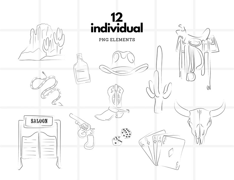 Cowboy Clipart Bundle, Southwestern Line Art, Hand Drawn PNG Graphics ...