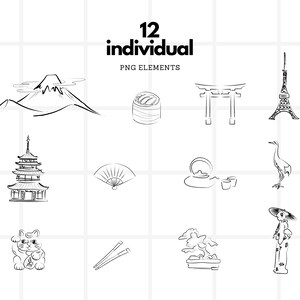 Japan PNG Clipart Bundle, Hand-drawn Japanese Symbols, Minimalist ...