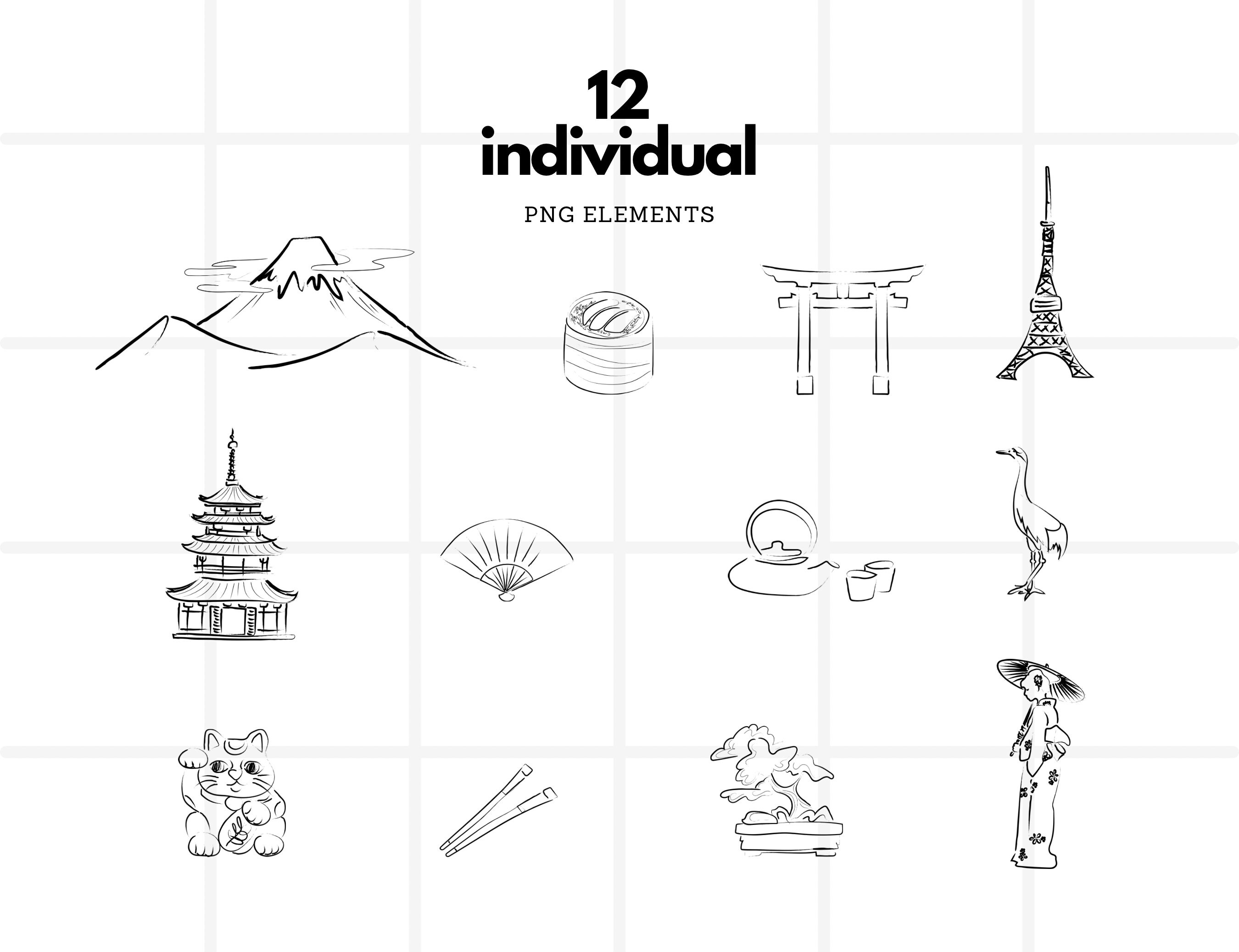 Japan PNG Clipart Bundle, Hand-drawn Japanese Symbols, Minimalist ...