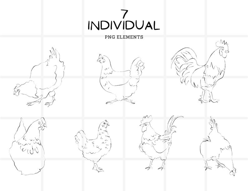 Chicken Line Art Clipart Bundle, Farmhouse Wall Art Printable, Hand ...