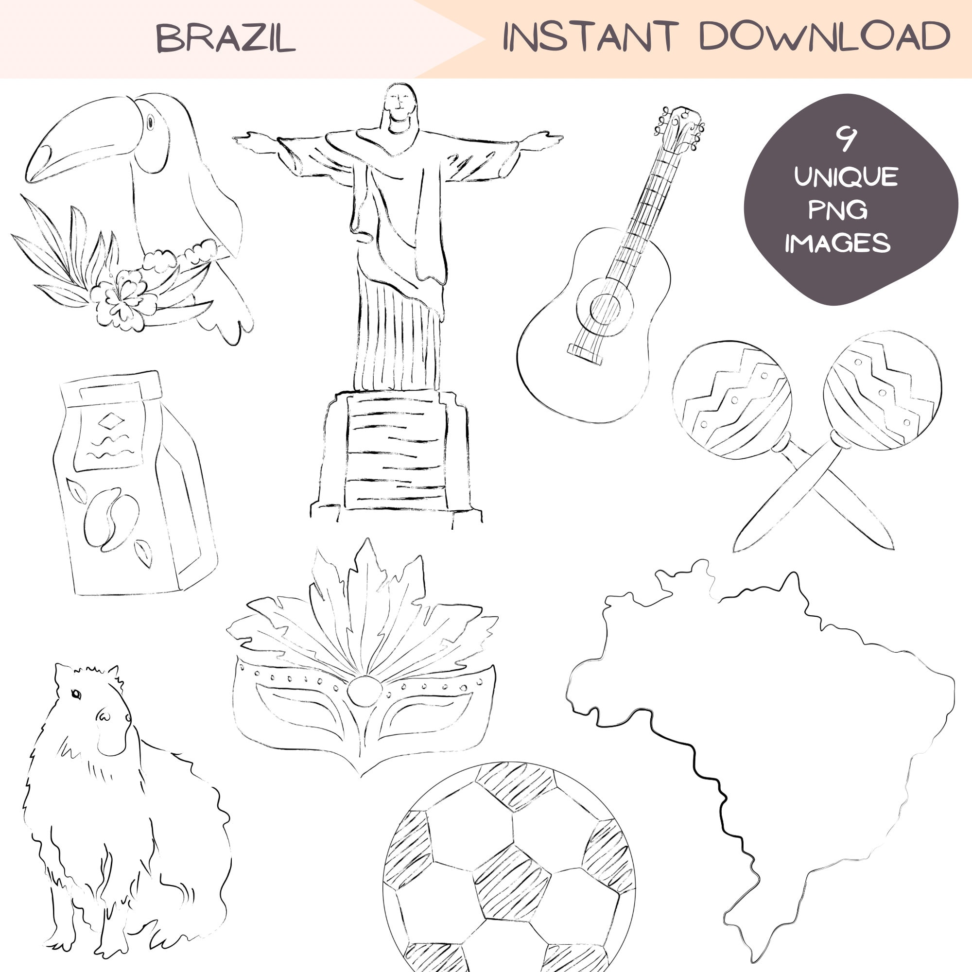 Brazil Clipart Bundle, Rio Travel Clip Art Designs, Minimalist Line Art ...