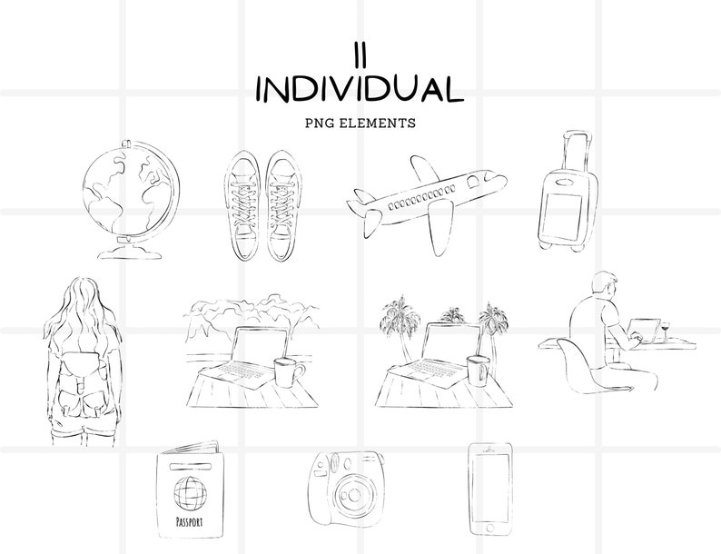 Digital Nomad Clipart Bundle, Travel Clip Art Designs, Minimalist Line ...