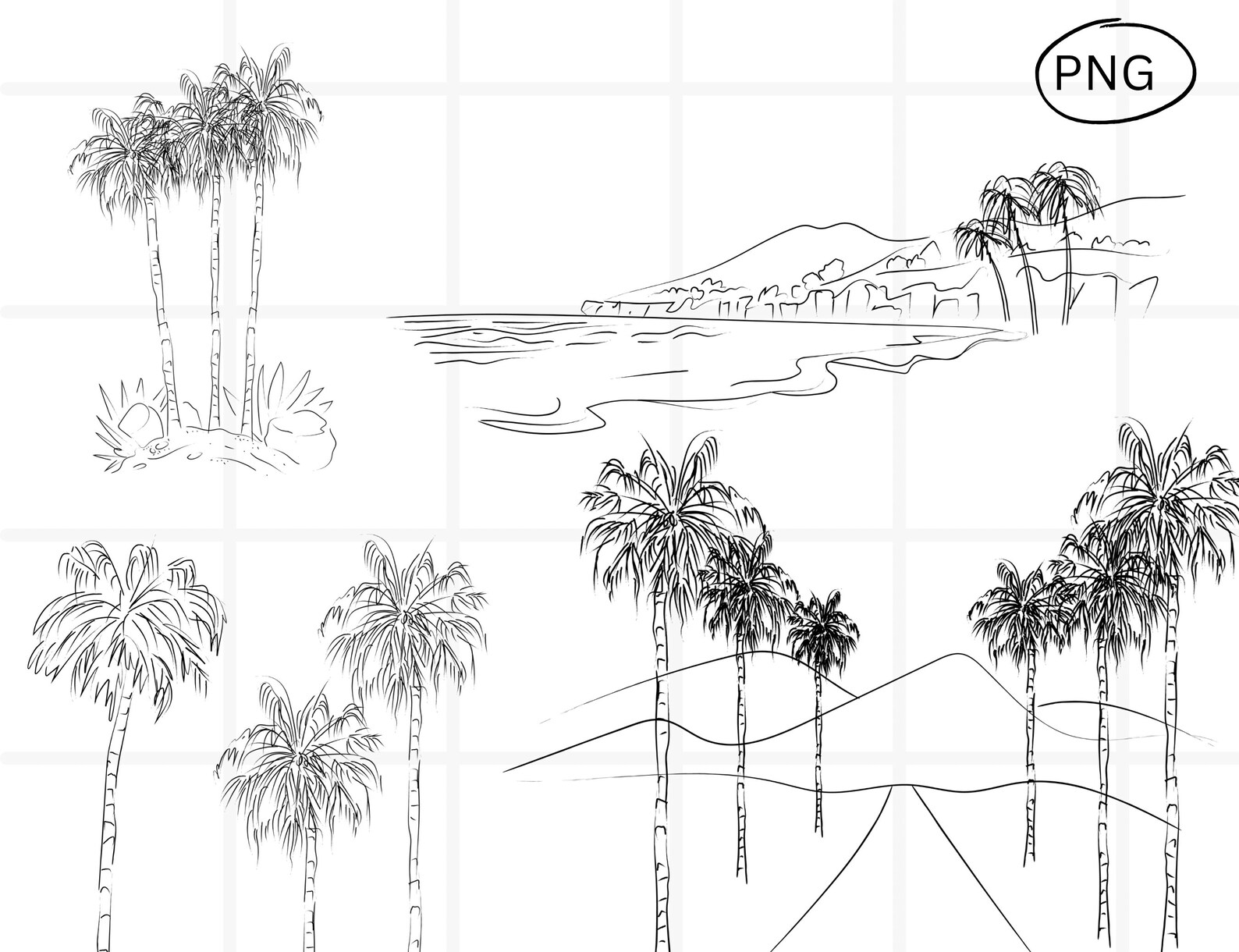 Palm Tree Line Art Clipart, Hand-drawn PNG Sketches, California Beach ...