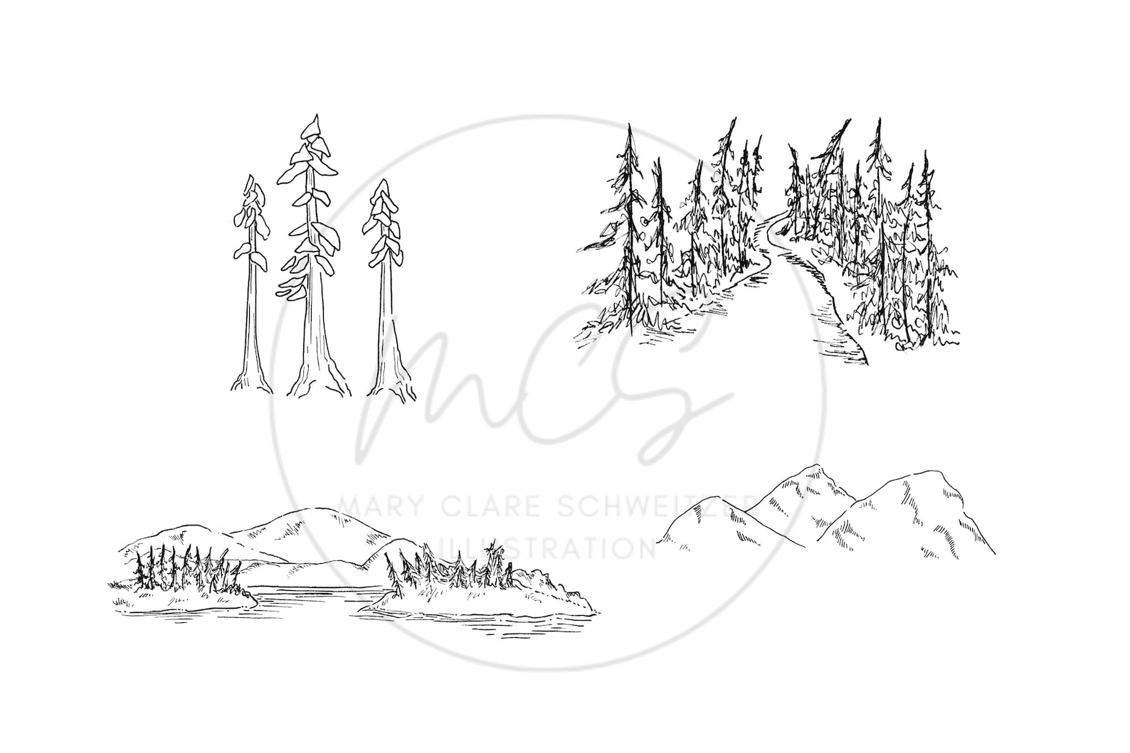 Pacific Northwest Clip Art Bundle, PNW Nature Ink Landscape Line ...