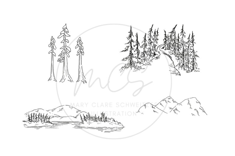 Pacific Northwest Clip Art Bundle, Nature Landscape Line Art, Hand ...